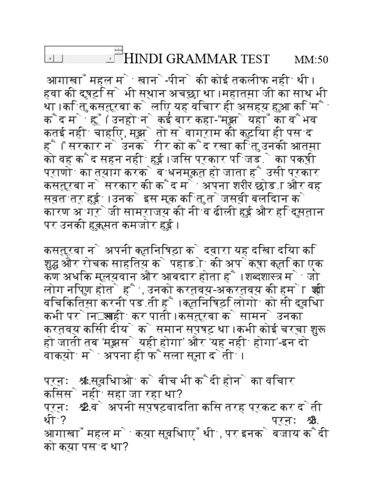 HINDI GRAMMAR TEST MM | PDF