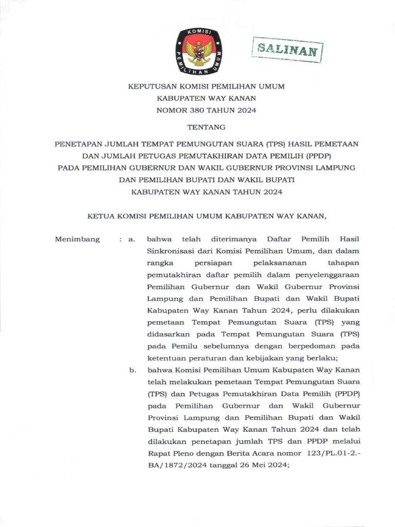 SK Penetapan TPS Dan PPDP Pilkada Tahun 2024 Kab. Way Kanan | PDF