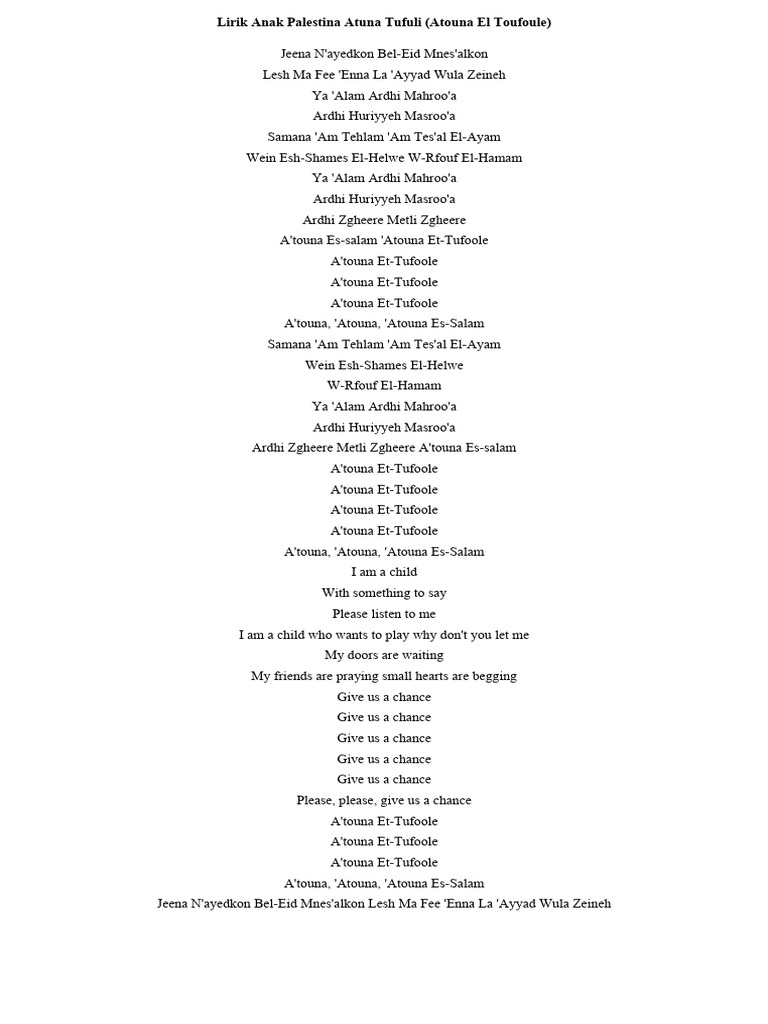 Lirik Anak Palestina Atuna Tufuli | PDF