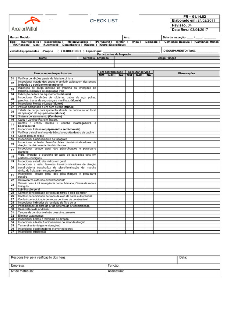 Check List Caminhonete Pronto | PDF | Trator | Guindaste (máquina)