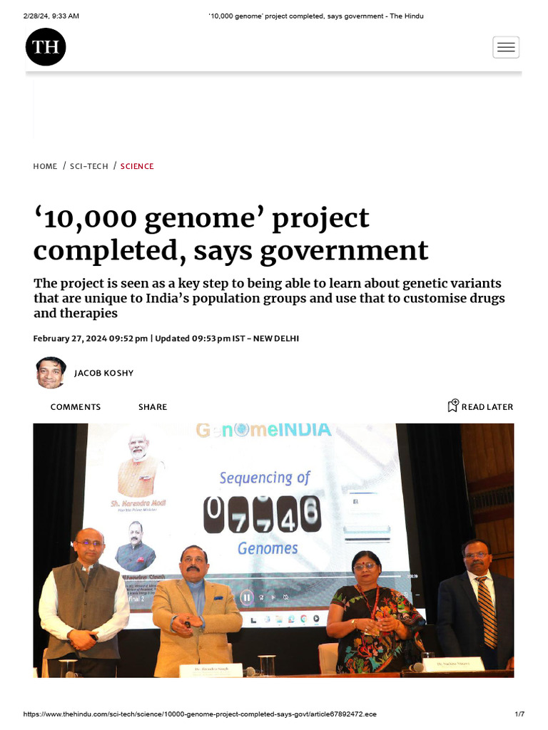 10,000 Genome' Project Completed, Says Government - The Hindu | PDF ...