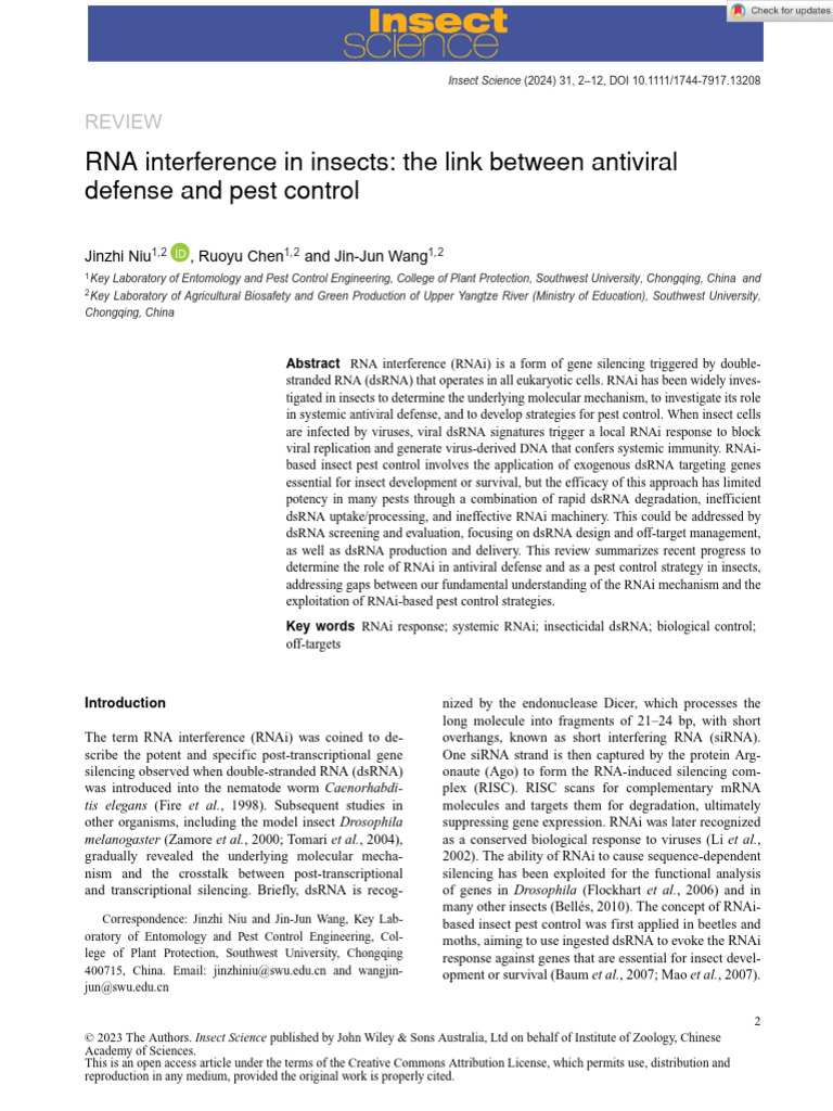 Insect Science - 2023 - Niu - RNA Interference in Insects The Link Between Antiviral Defense and ...