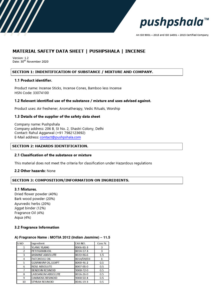 MSDS Pushpshala Incense | PDF | Toxicity | Odor