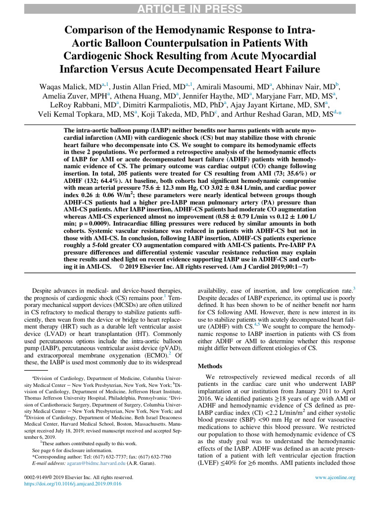 Comparison of The Hemodynamic Response To IntraAortic Balloon ...