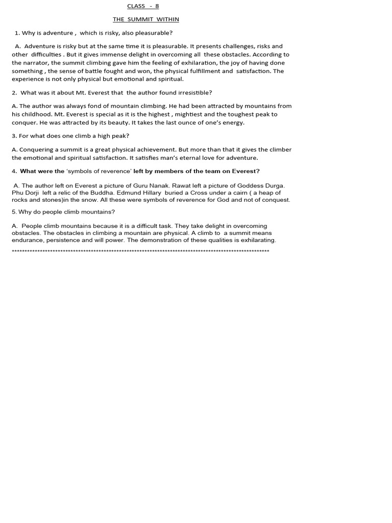 Notes Class 8 The Summit Within | PDF | Travel