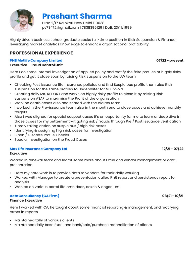 Prashant Sharma CV | PDF | Insurance | Underwriting