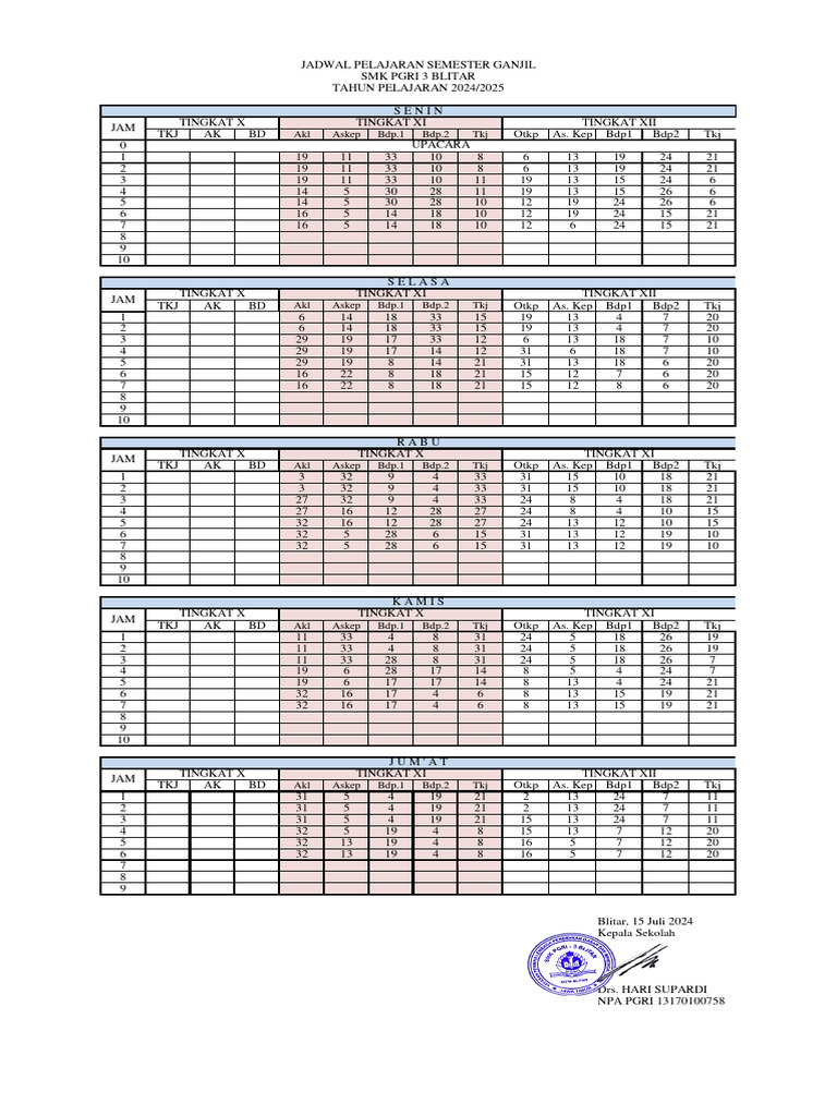 Jadwal Pelajaran Semester Ganjil 2024-2025 - 103720 | PDF