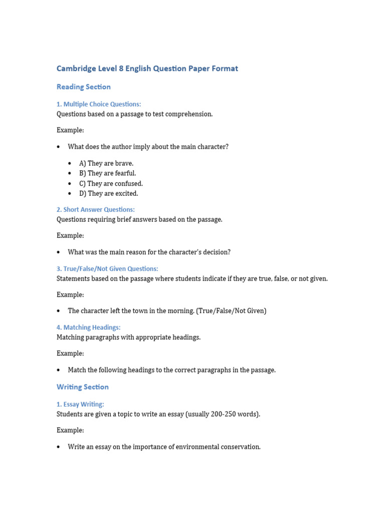 Cambridge Level 8 English Question Paper Format | PDF | Question ...