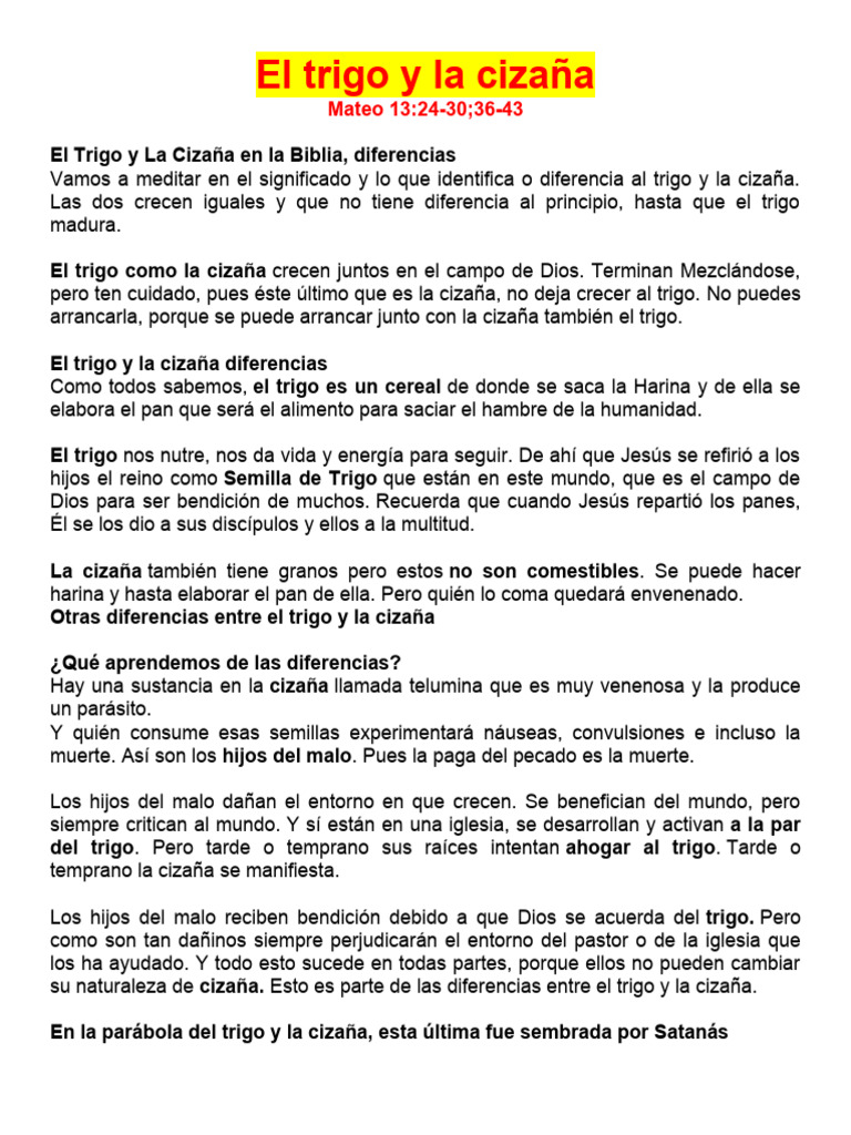 Diferencias entre trigo y cizaña | PDF | Parábolas de Jesús | Cristo ...