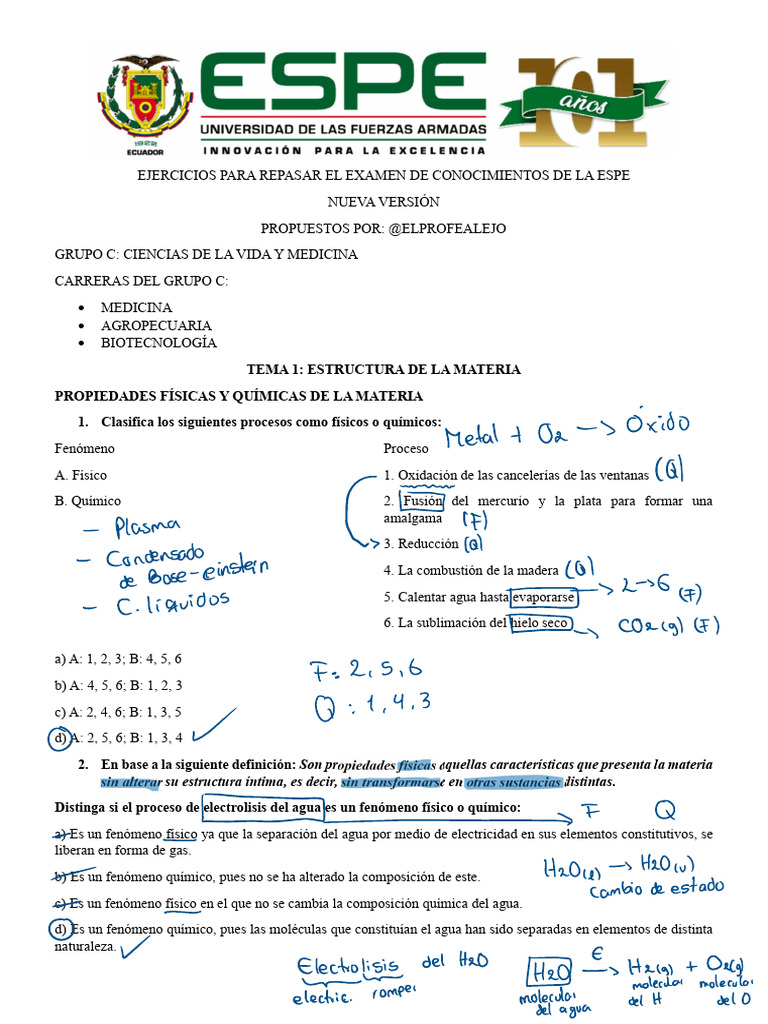Ejercicios Quimica Espe Bloque Resueltos Profe Alejo | PDF | Átomos | Importar