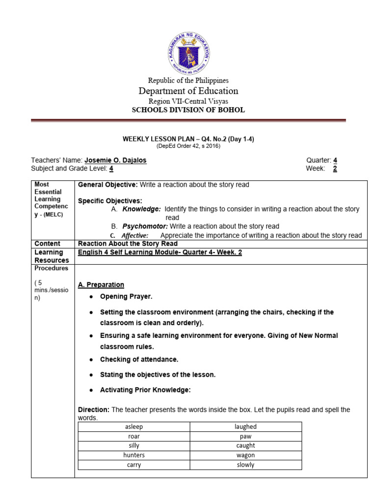 Bohol English4 Q4 PLP WK2 | PDF | Learning