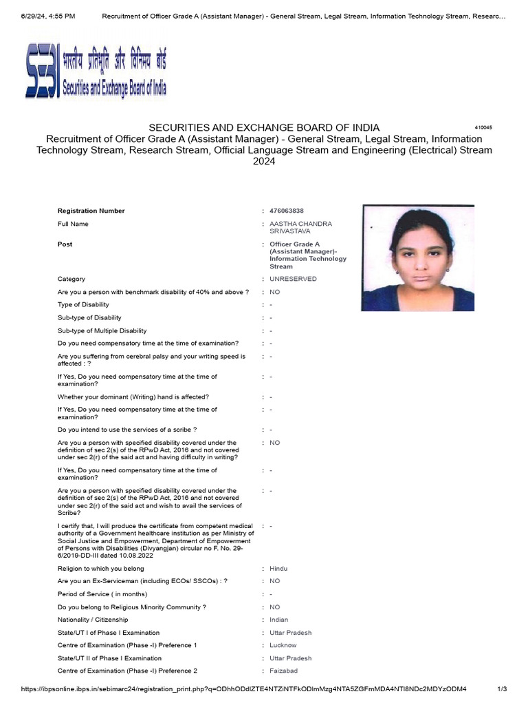 Registration Number:: Post:: Aastha Chandra Srivastava | PDF