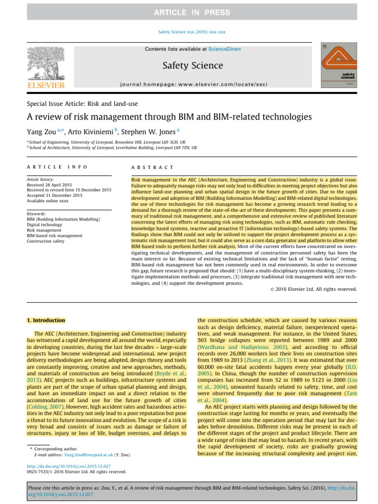 A Review of Risk Management Through BIM and BIM-related Technologies ...