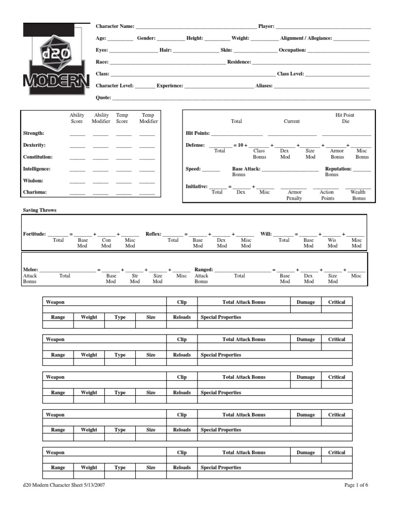 d20 Modern Character Sheet Template | PDF