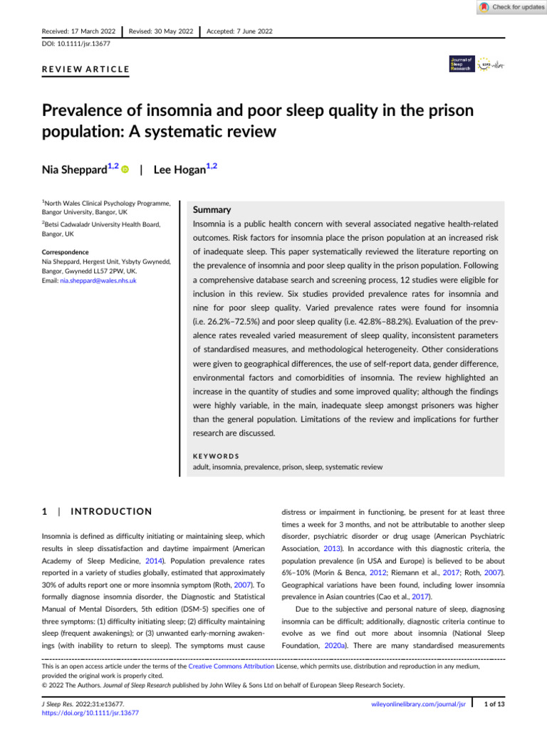 Journal of Sleep Research - 2022 - Sheppard - Prevalence of Insomnia ...