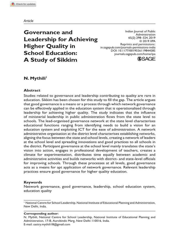 Mythili 2019 Governance and Leadership For Achieving Higher Quality in ... Mythili 2019 Governance and Leadership For Achieving Higher Quality in ...