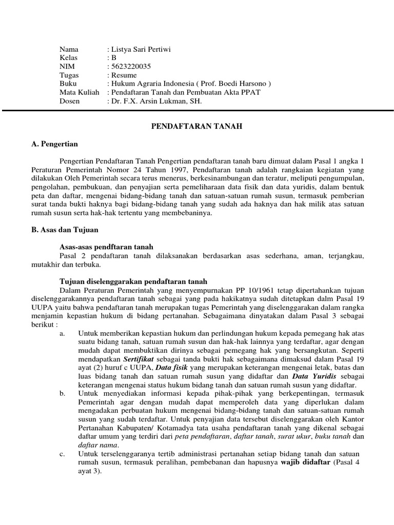 Listya Sari Pertiwi Resume Tentang Pendaftaran Tanah | PDF | Hukum