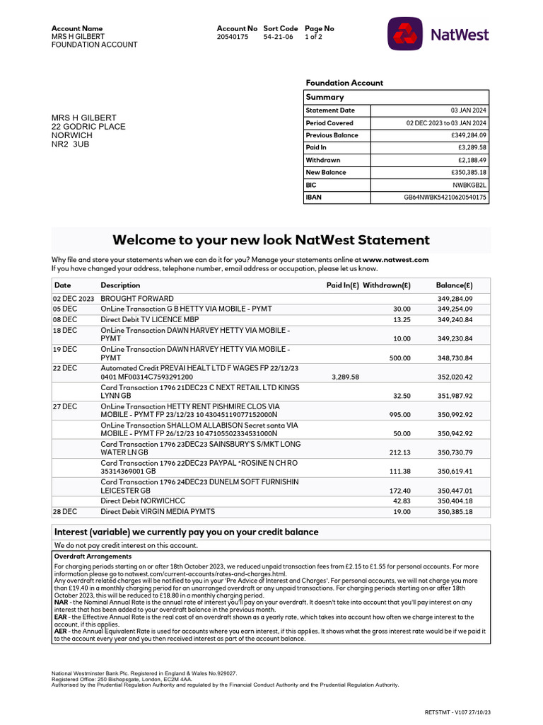 Statement 542106 20540175 03 Jan 2024 | PDF | Overdraft | Banks