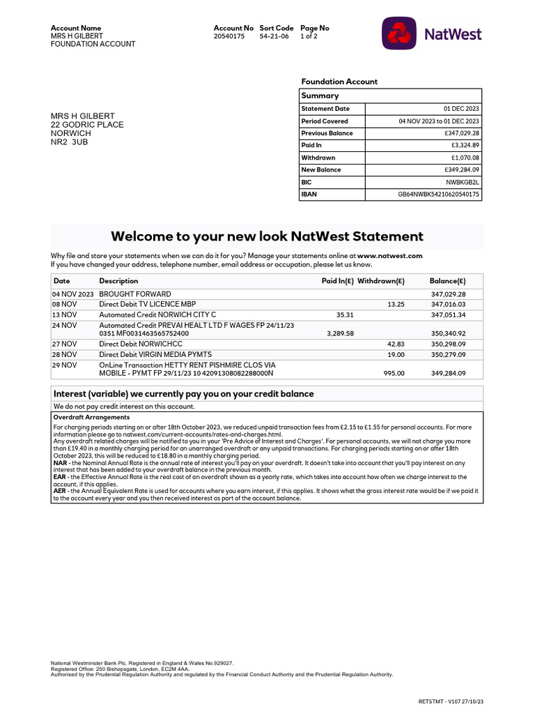 Statement 542106 20540175 01 Dec 2023 | PDF | Overdraft | Banks