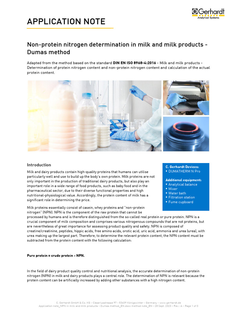 NPN Determination in Milk: Dumas Method | PDF | Milk | Proteins