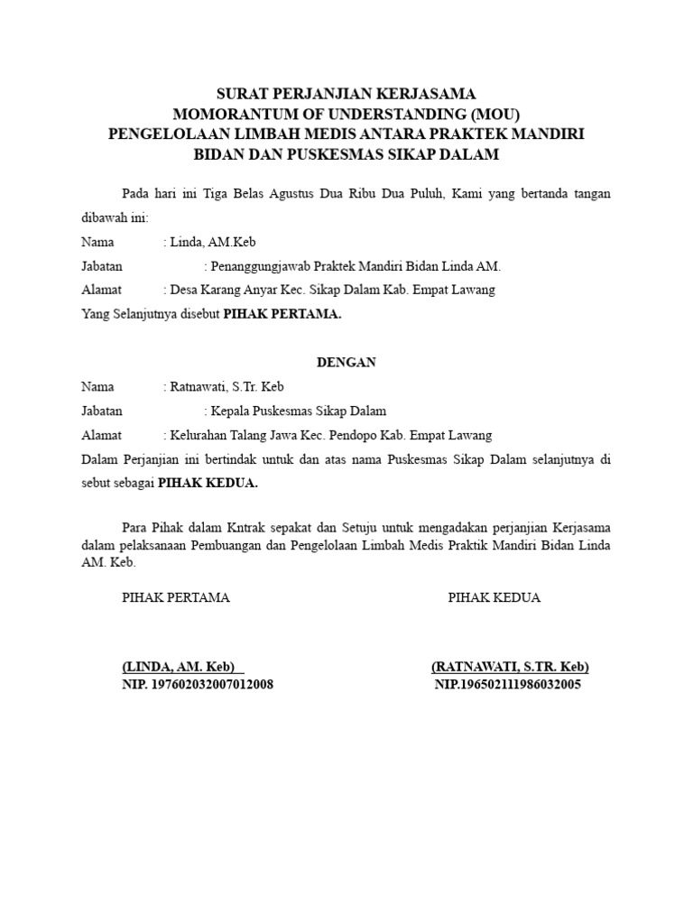 Surat Perjanjian Kerjasama Mou Limbah Pdf