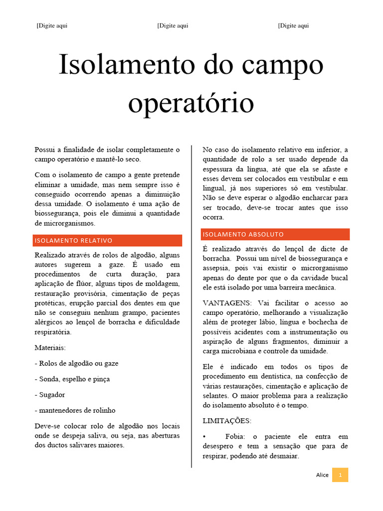 3 Isolamento Do Campo Operatório | PDF | Dente humano | Boca