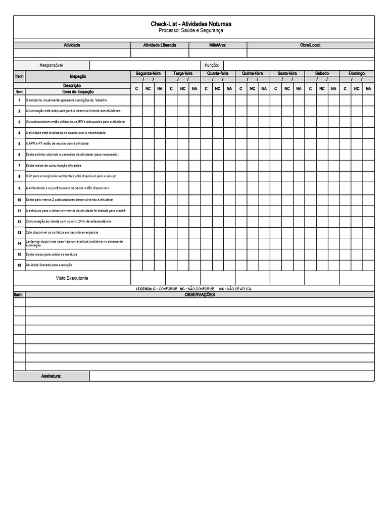 Check-List Diário - Atividades Noturnas | PDF