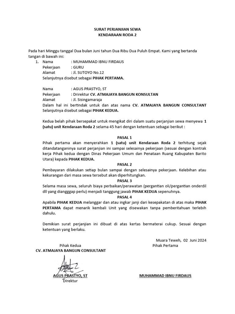 Surat Perjanjian Sewa Motor - Invoice | PDF