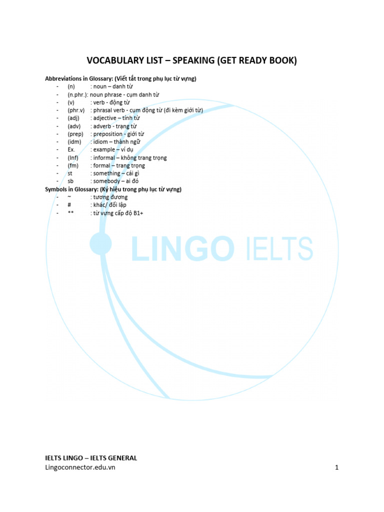 Pre Vocabulary List - Get Ready Speaking 4.23 | PDF