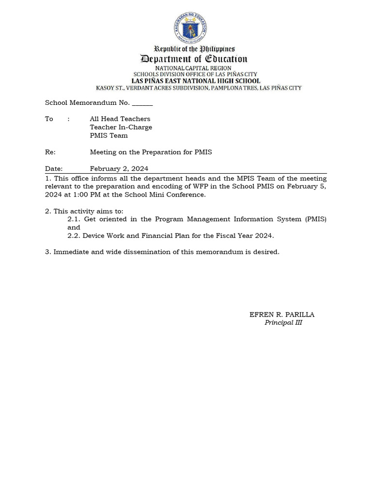 PMIS Meeting Memo | PDF | Inquiry | Evaluation