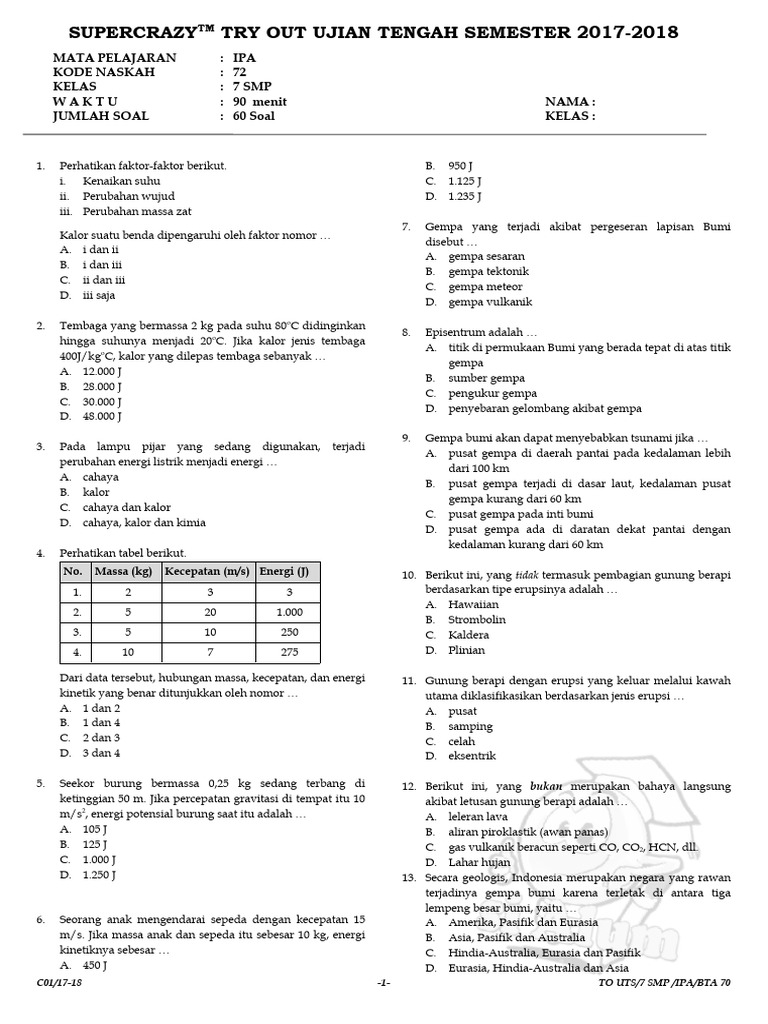 Soal IPA UTS Kelas 7: Kalor, Energi, Gempa, dan Astronomi | PDF