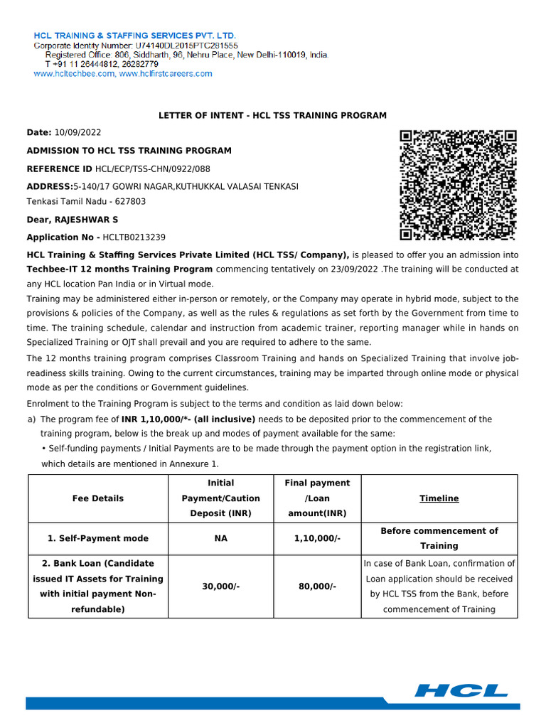 HCL Techbee Offer Letter HCLTB0213239 | PDF | Finance & Money Management