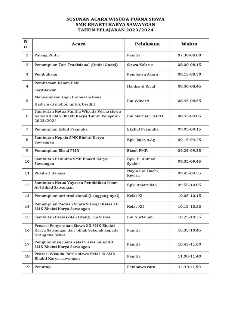 Susunan Acara Wisuda Purna Siswa | PDF
