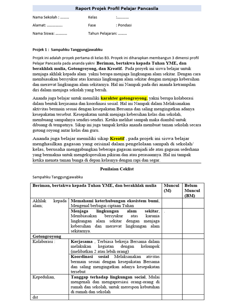 Raport Projek Profil Pelajar Pancasila | PDF