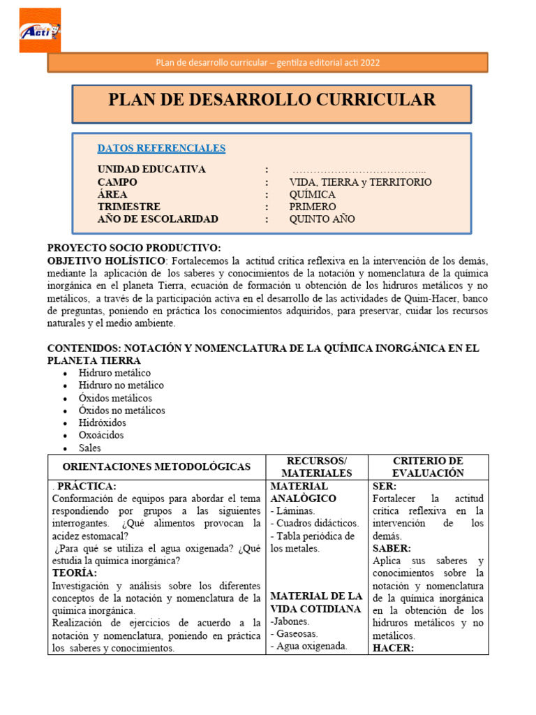 Química 5to - Plan de Desarrollo Curricular 2021 | PDF | Gases | Concentración
