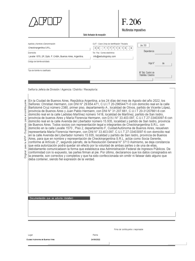 F 206 Asignacion Socio Clave AFIP | Descargar gratis PDF | Documento de ...