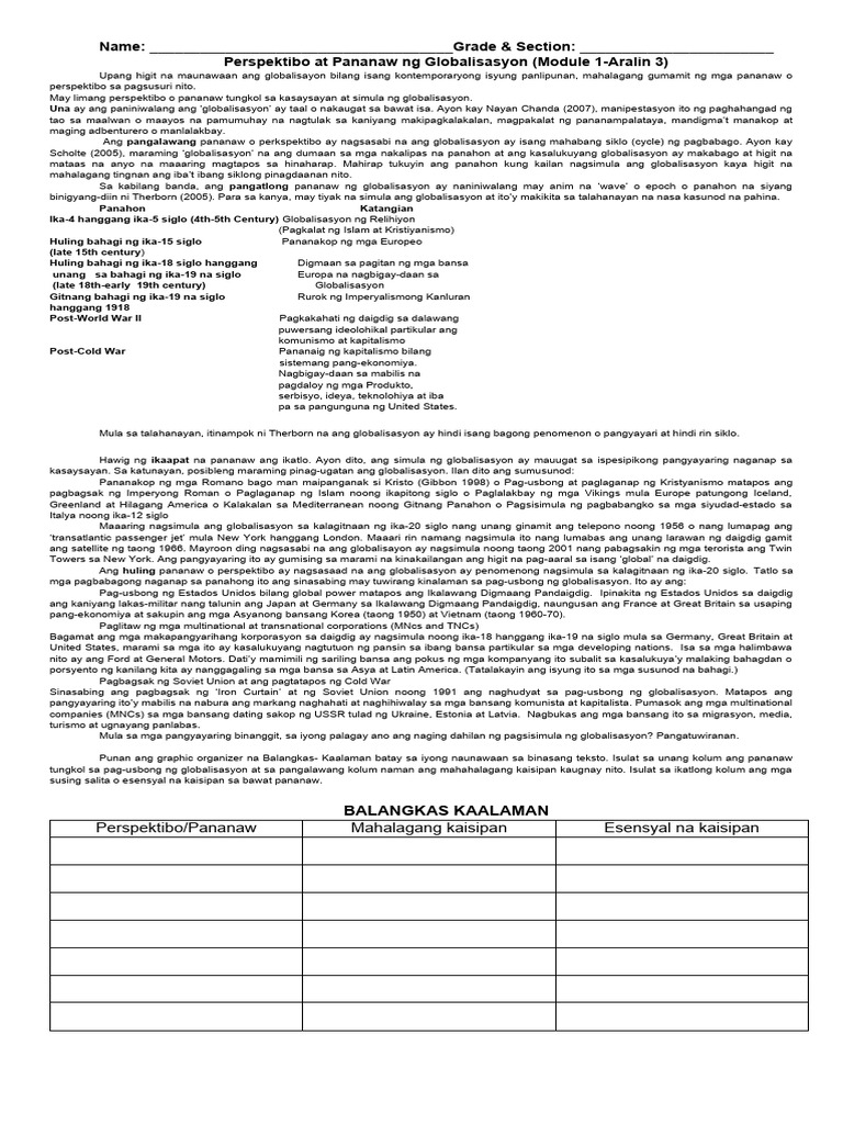 Perspektibo at Pananaw NG Globalisasyon Worksheet | PDF