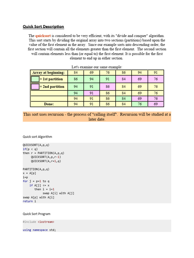 Quick Sort Description | PDF | Computer Programming | Mathematical Logic