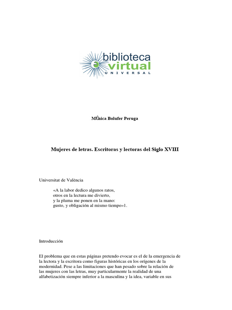 Mujeres de Letras Escritoras y Lectoras Del Siglo XVIII | PDF | Novelas ...