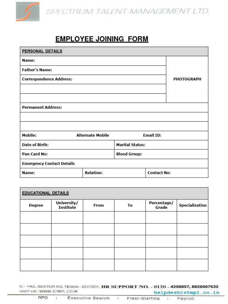 Employee Joining Form MT | PDF