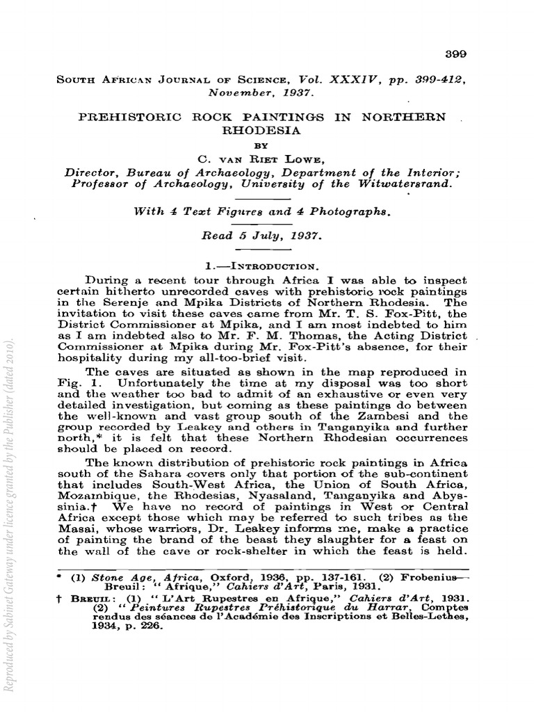 Van Riet Lowe 1937 Prehistoric Rock Paintings in Northern Rhodesia | PDF