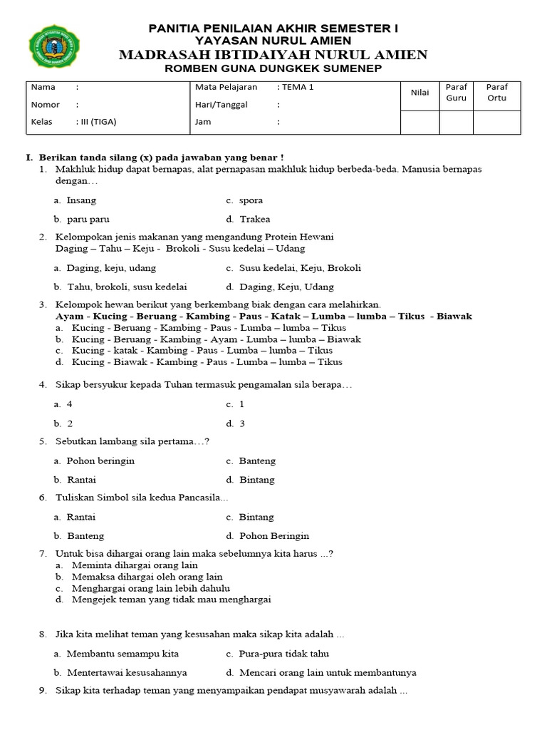 Soal Pas KLS 3 Tema 1 | PDF