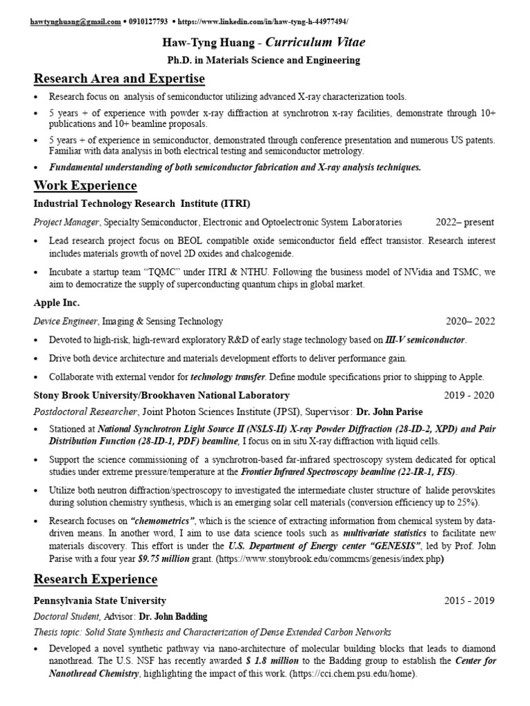 CV 2024 | PDF | Solid State Chemistry | Semiconductors