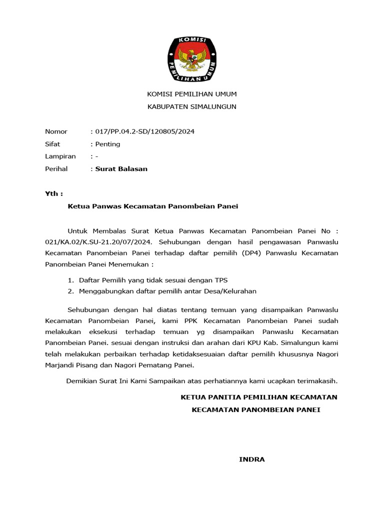 Surat Balasan Panwas Temuan | PDF