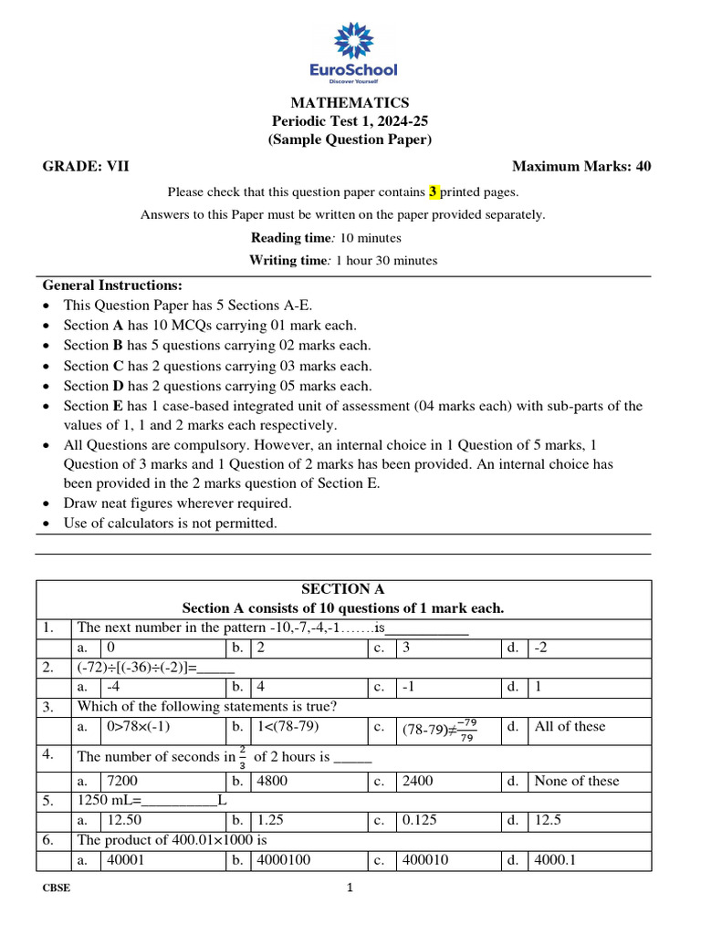 CBSE Math7 PT1 AY24-25 Sample-QP | PDF | Multiple Choice | Standardized ...