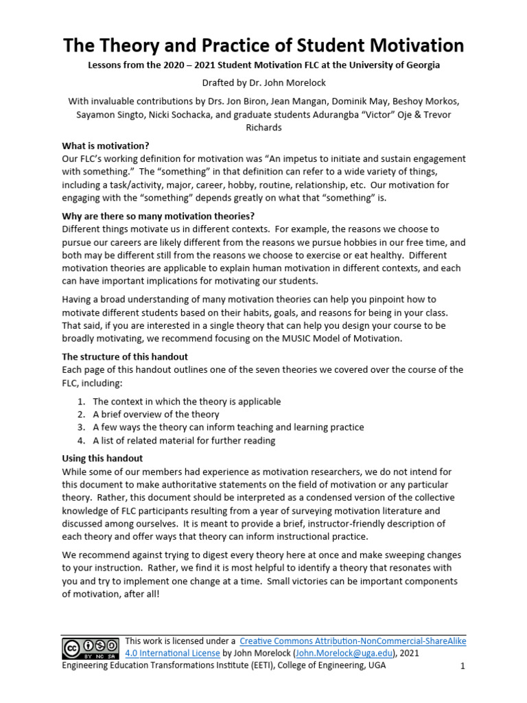 FLC Engagement Project Motivation Handout | PDF | Motivational | Motivation