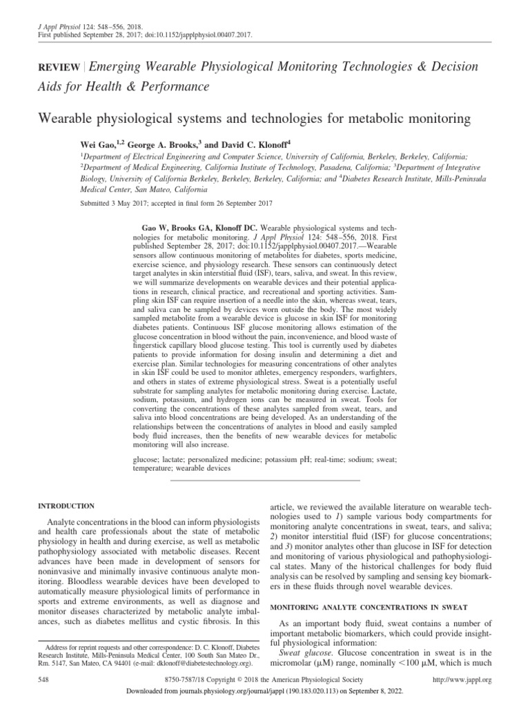 Wearable Physiological Systems and Technologies For Metabolic ...