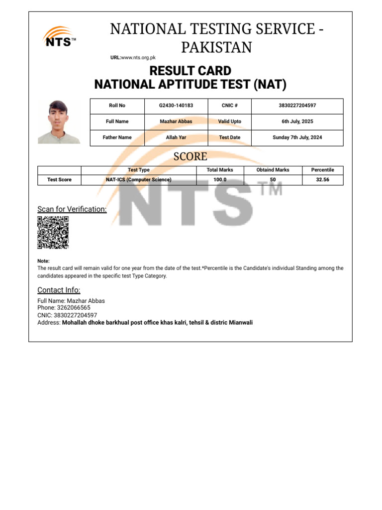 NTS - (NAT) Result Card | PDF