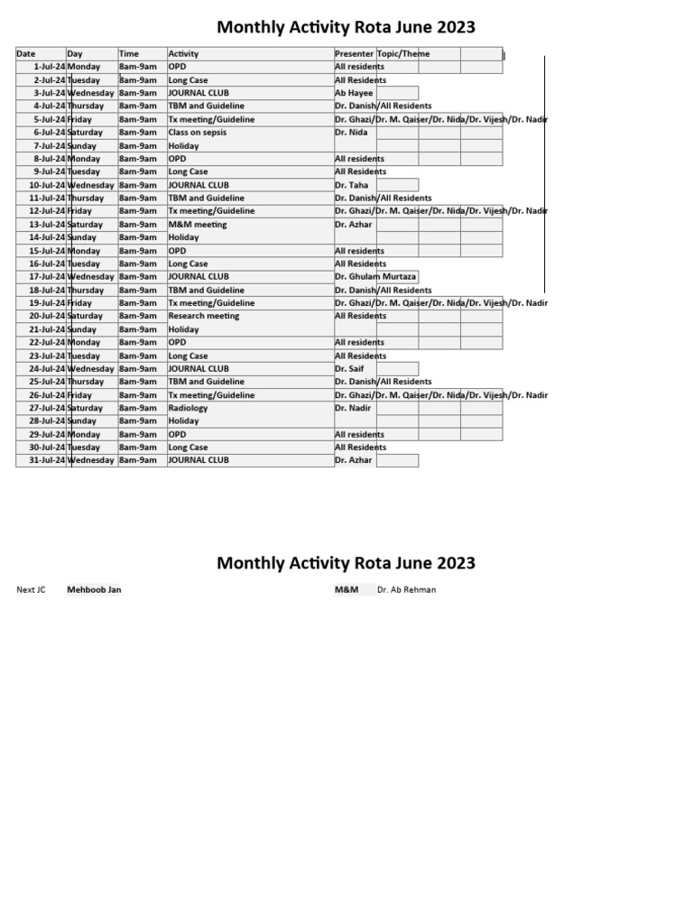 Monthly Activity Rota July 24 - 120915 | PDF