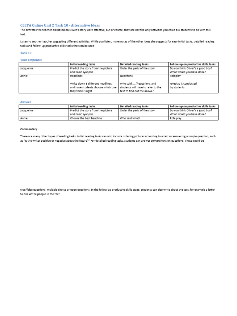 CELTA Online Unit 2 Task 10 - Alternative Ideas | PDF | Reading Comprehension | Behavior ...